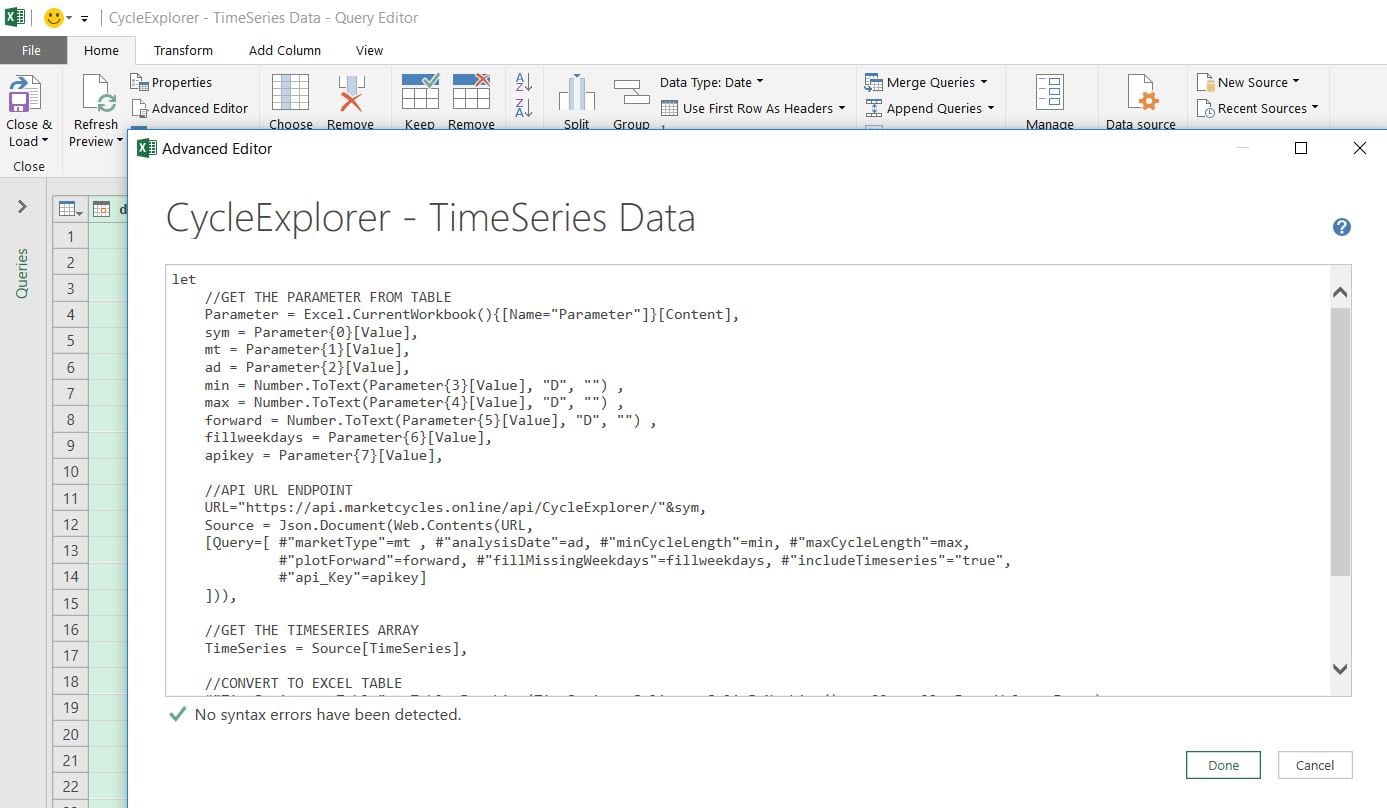 API based Dominant Cycle Analysis - Excel Workbook - WhenToTrade
